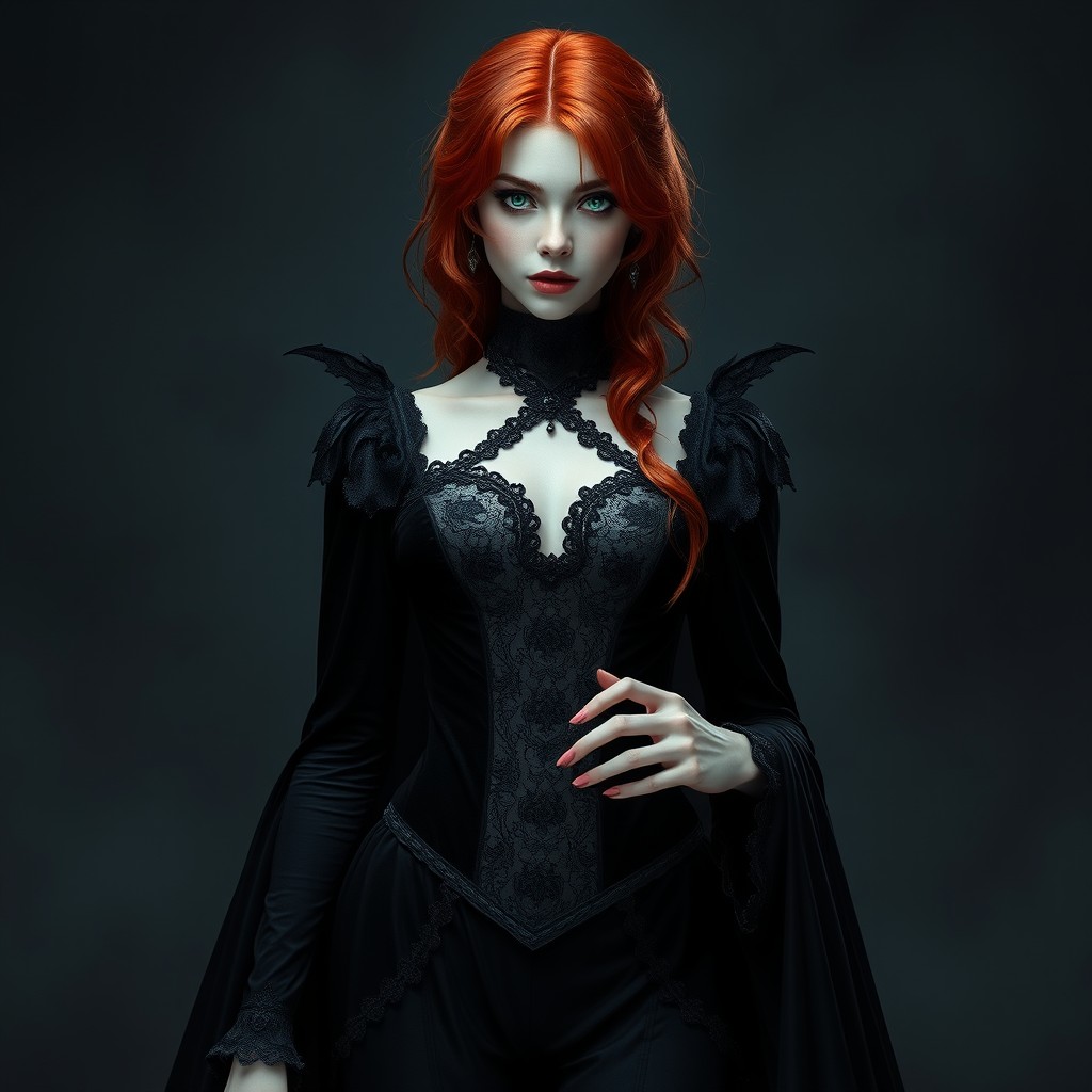 Stunning Red-Haired Vampire: Gothic Elegance in AI Art