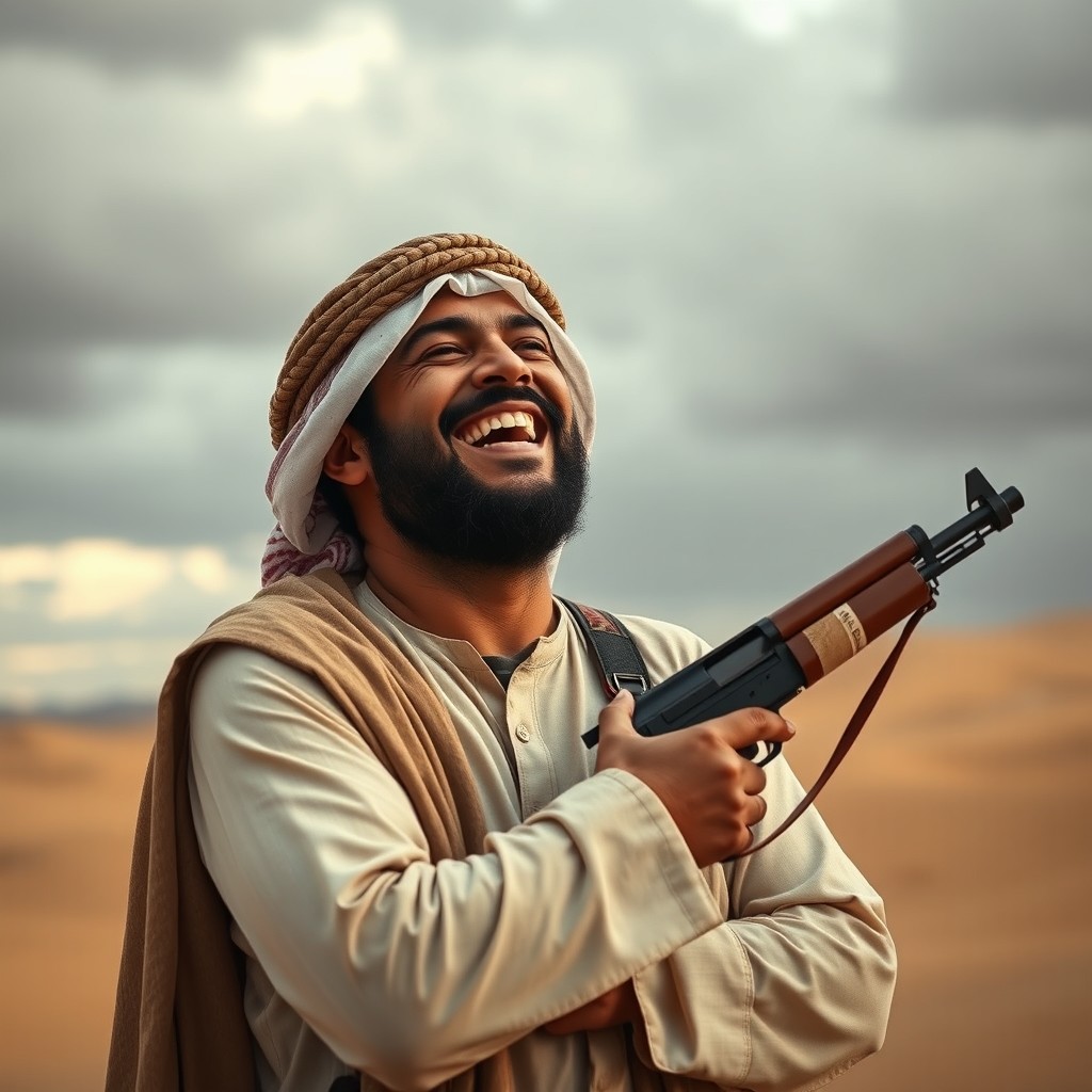 Hyper-Realistic Middle-Eastern Man: Laughter in a Desert Landscape