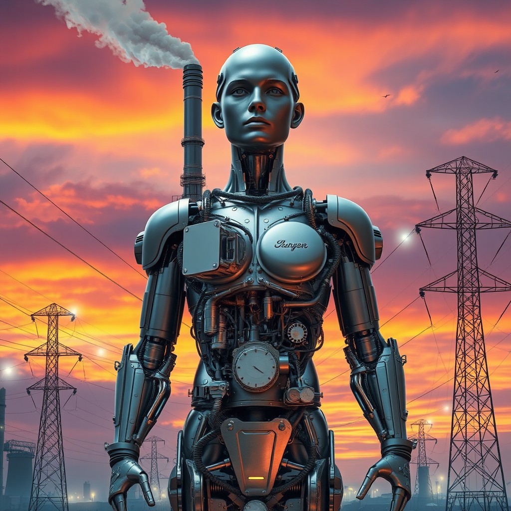 Surreal Fusion: Human Figure Transformed into a Power Plant