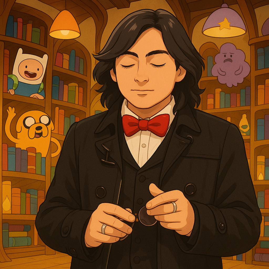 Whimsical Adventure Time-Inspired Library Scene with a Thoughtful Young Man