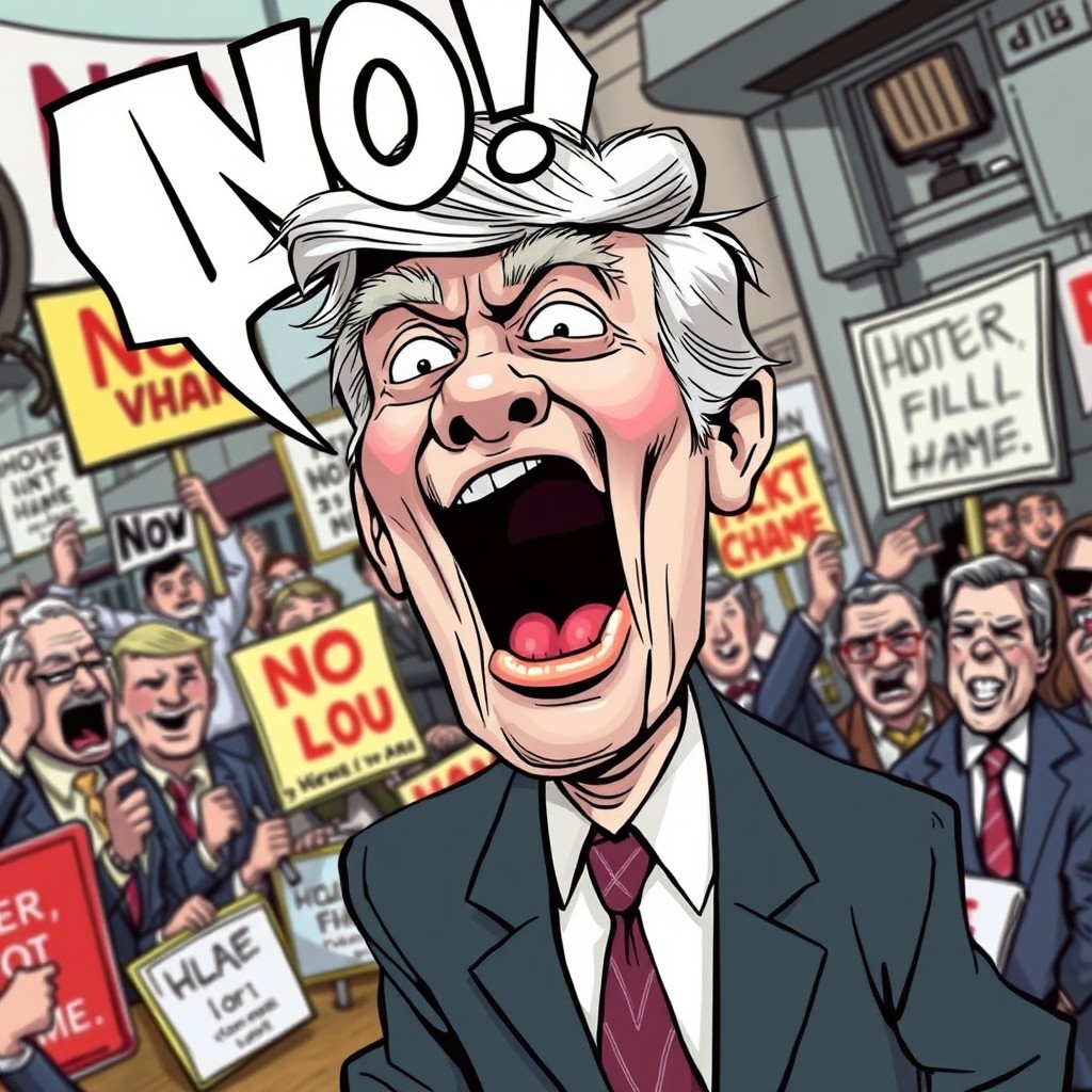 Political Satire: Exaggerated Cartoon Character in Chaos