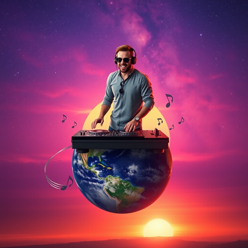 Experience Cosmic Beats: DJ on Earth Amidst Galaxy Sunset