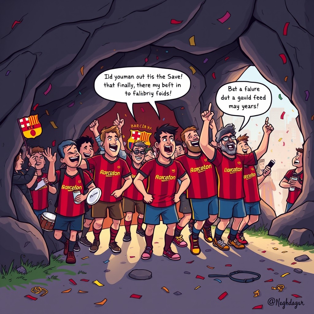 Joyful Barcelona Fans Emerge from Cave: A Cartoon Celebration