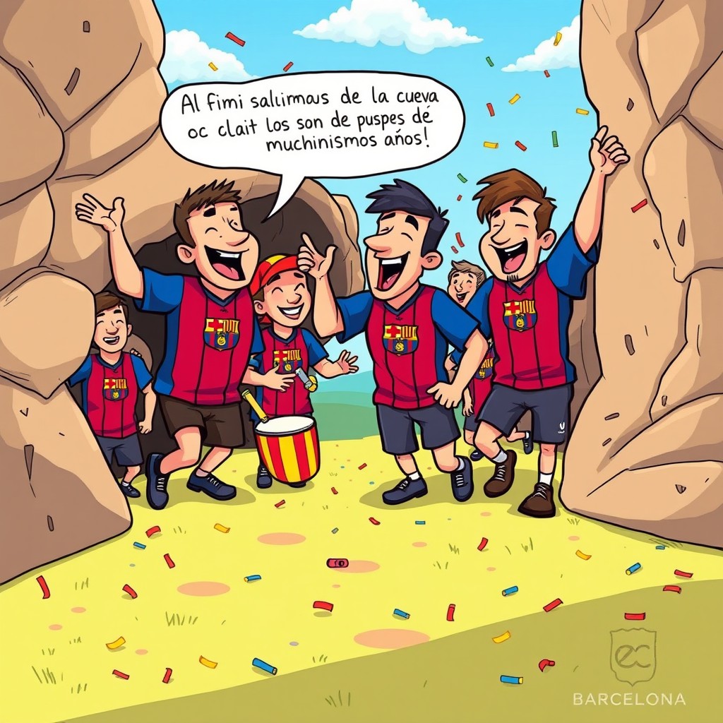 Joyful Barcelona FC Fans Celebrate in Vibrant Cartoon Style