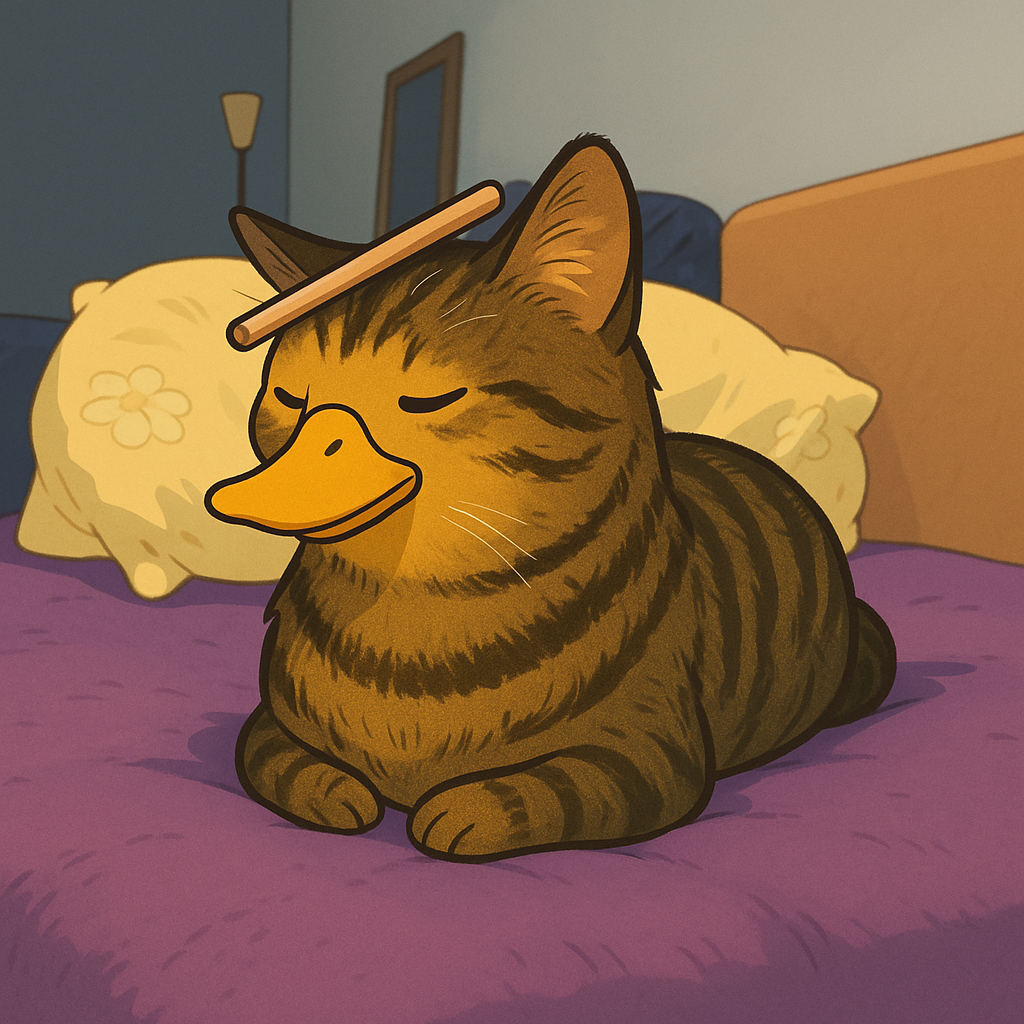 Whimsical Cartoon Creature: Cat-Duck Hybrid on a Cozy Bedspread