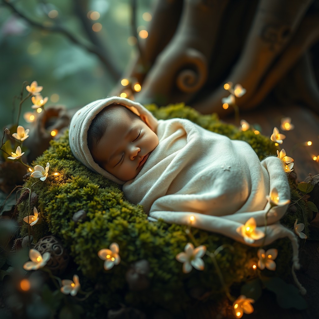 Dreamy Newborn Scene: A Serene Baby Boy Enveloped in Magic
