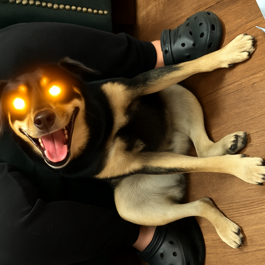 Playful Dog with Glowing Demon Eyes: A Humorous Contrast in Cozy Setting