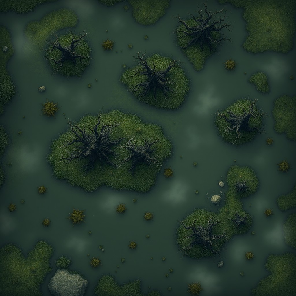 Enchanting D&D Battlemap: Marshy Swamp Overhead View