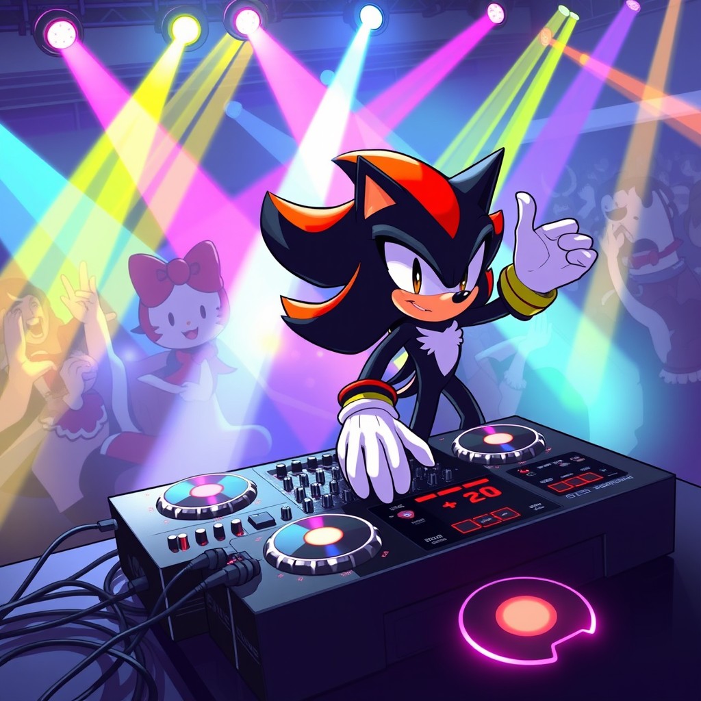 Shadow the Hedgehog & Kuromi: Epic DJ Duo in a Vibrant Nightclub