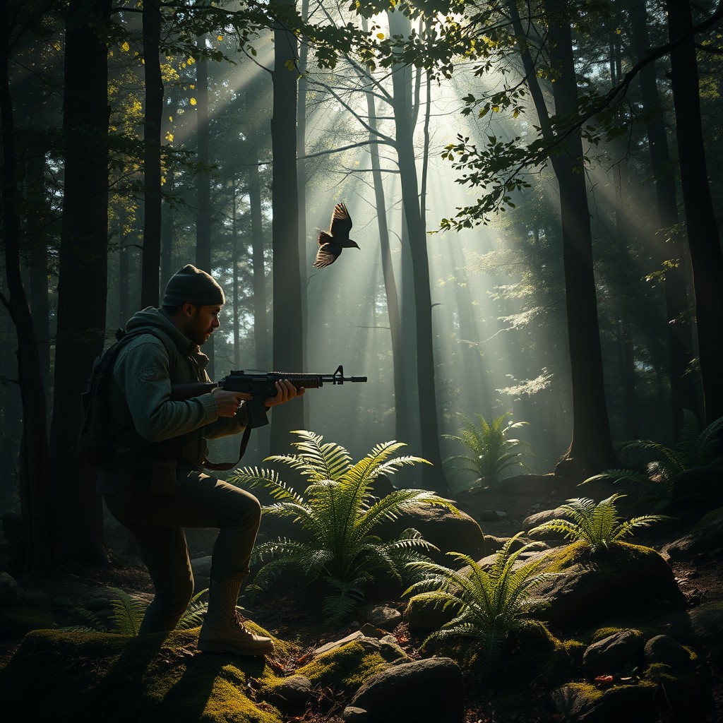 Eerie Forest Scene with Skilled Shooter: Nature's Haunting Beauty
