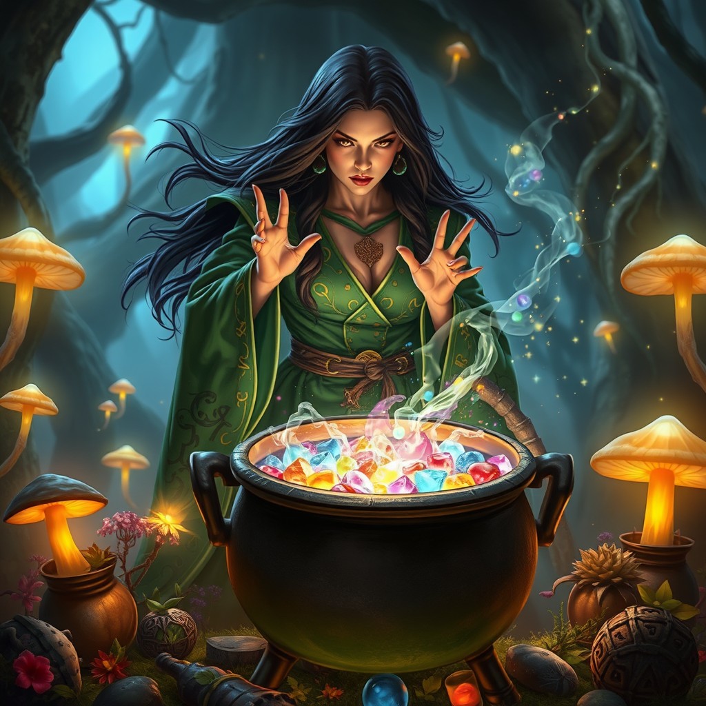 Powerful Witch Casting Spell in Enchanted Forest - Fantasy Art