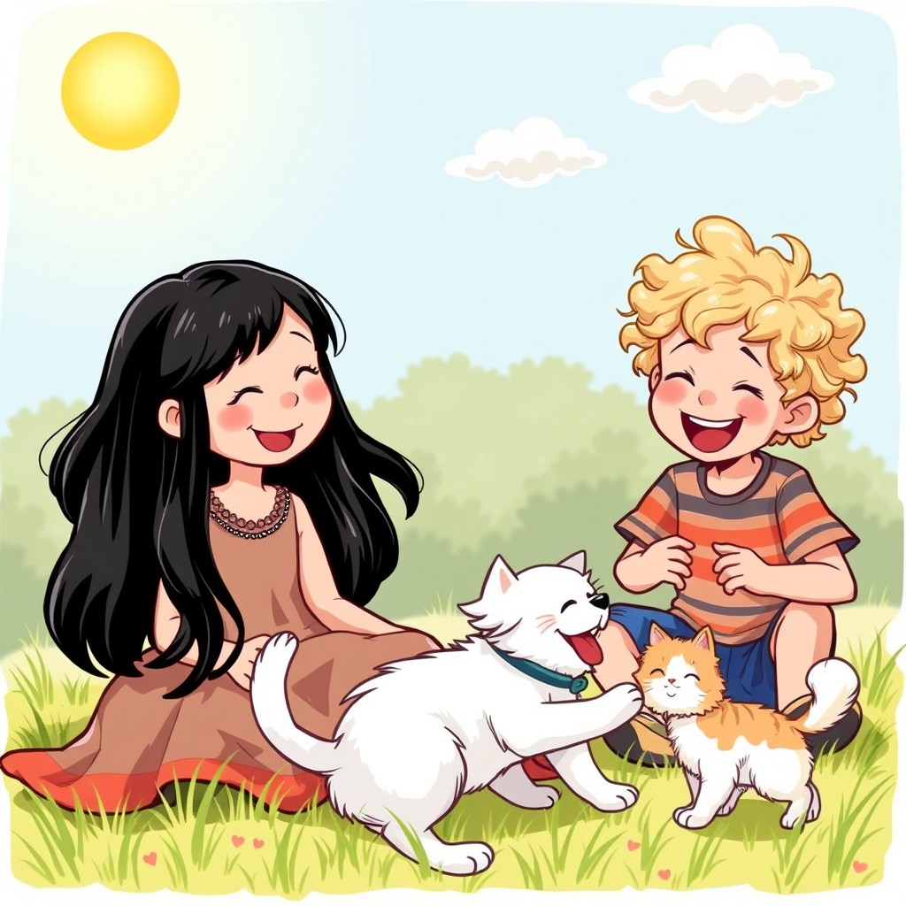Whimsical Outdoor Scene with Kids and Pets - A Heartwarming Moment