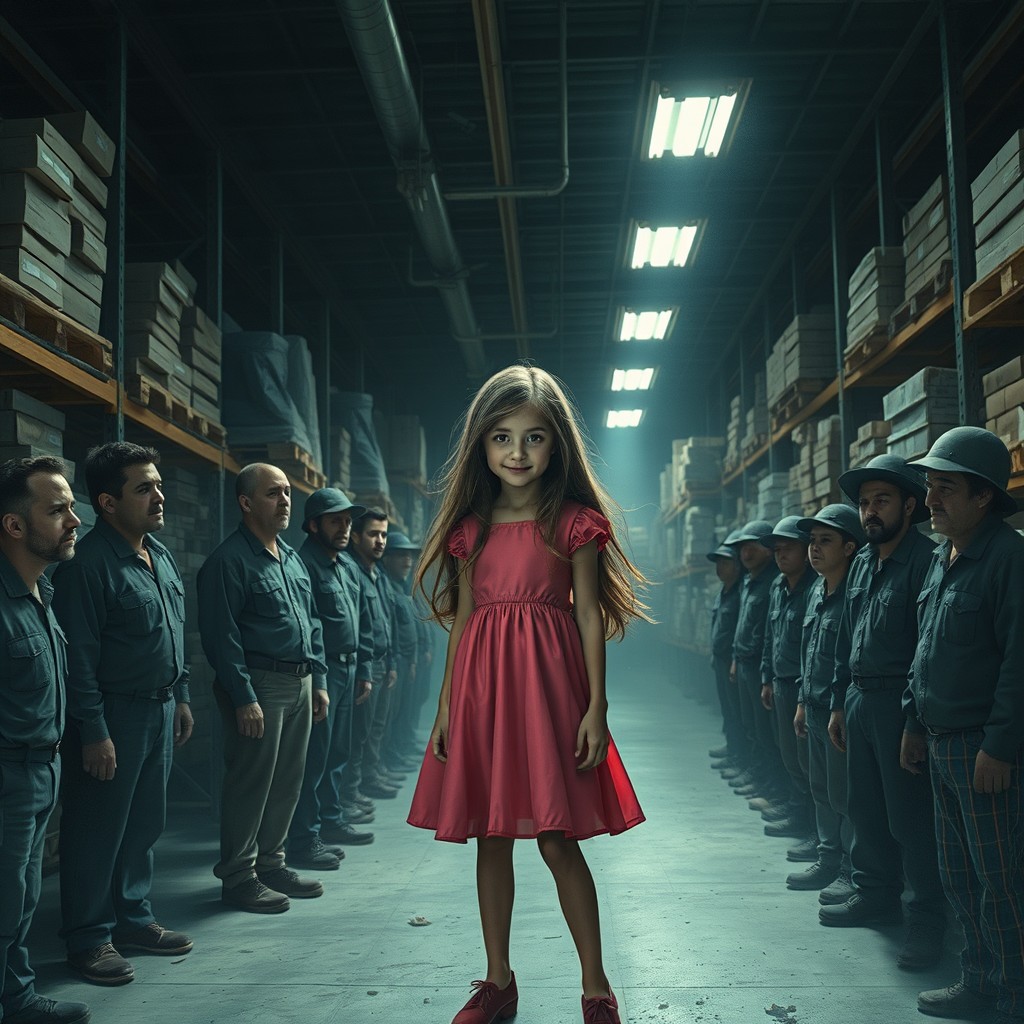 Eerie Encounter: The Girl in Pink in a Dimly Lit Warehouse