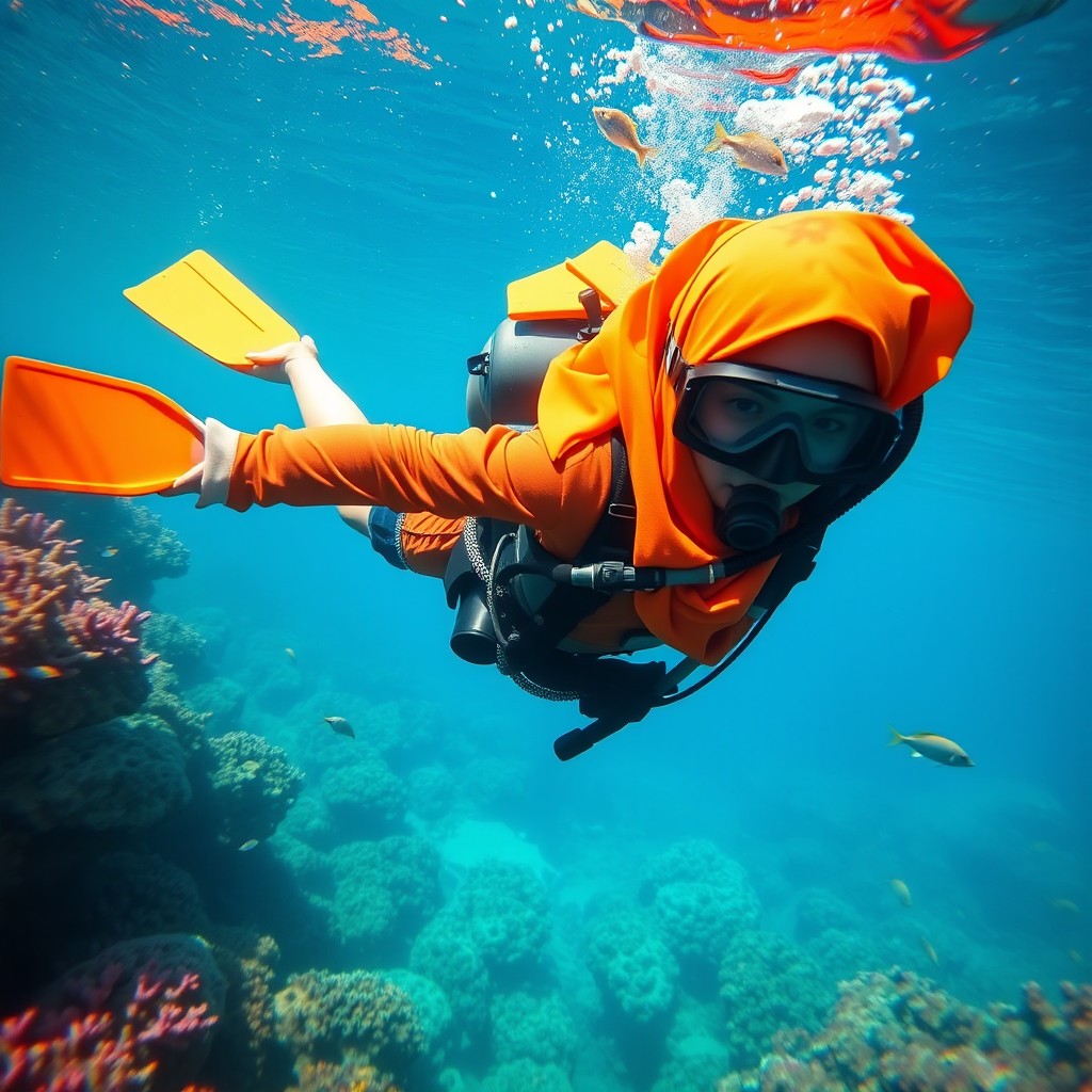 Muslim Girl Scuba Diving in Vibrant Blue Waters | Idyllic AI