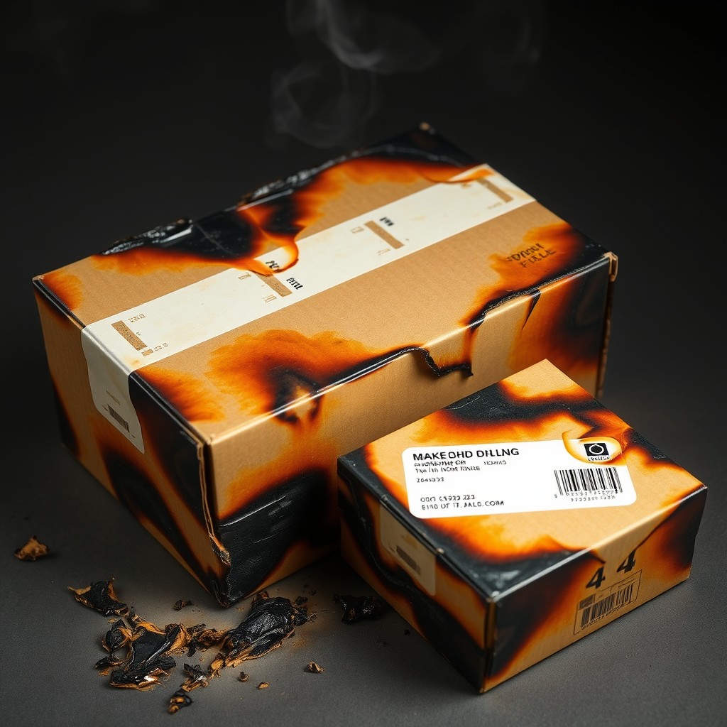Realistic Post-Fire Damage: Cardboard Shipping Box & Smartphone Boxes