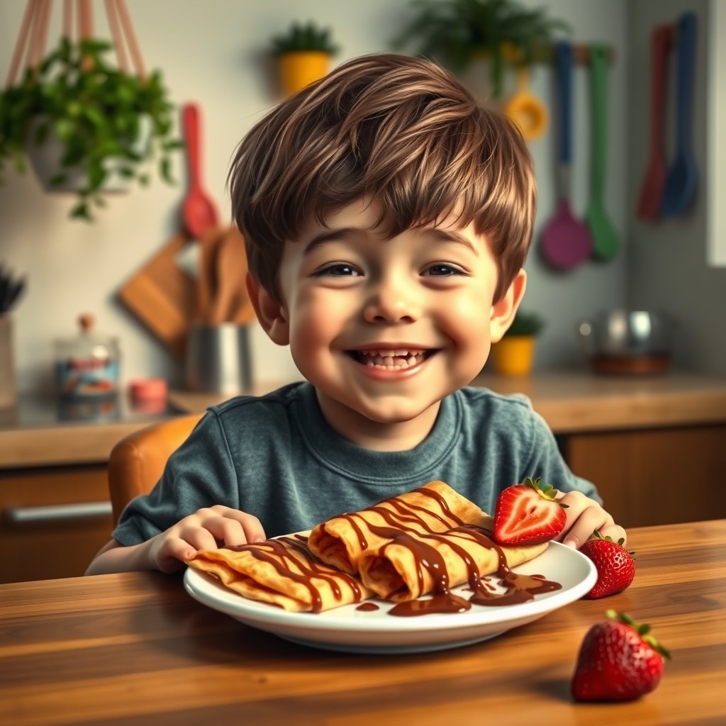 Joyful Moments: A Young Boy Enjoys Nutella Crepes in a Cozy Kitchen