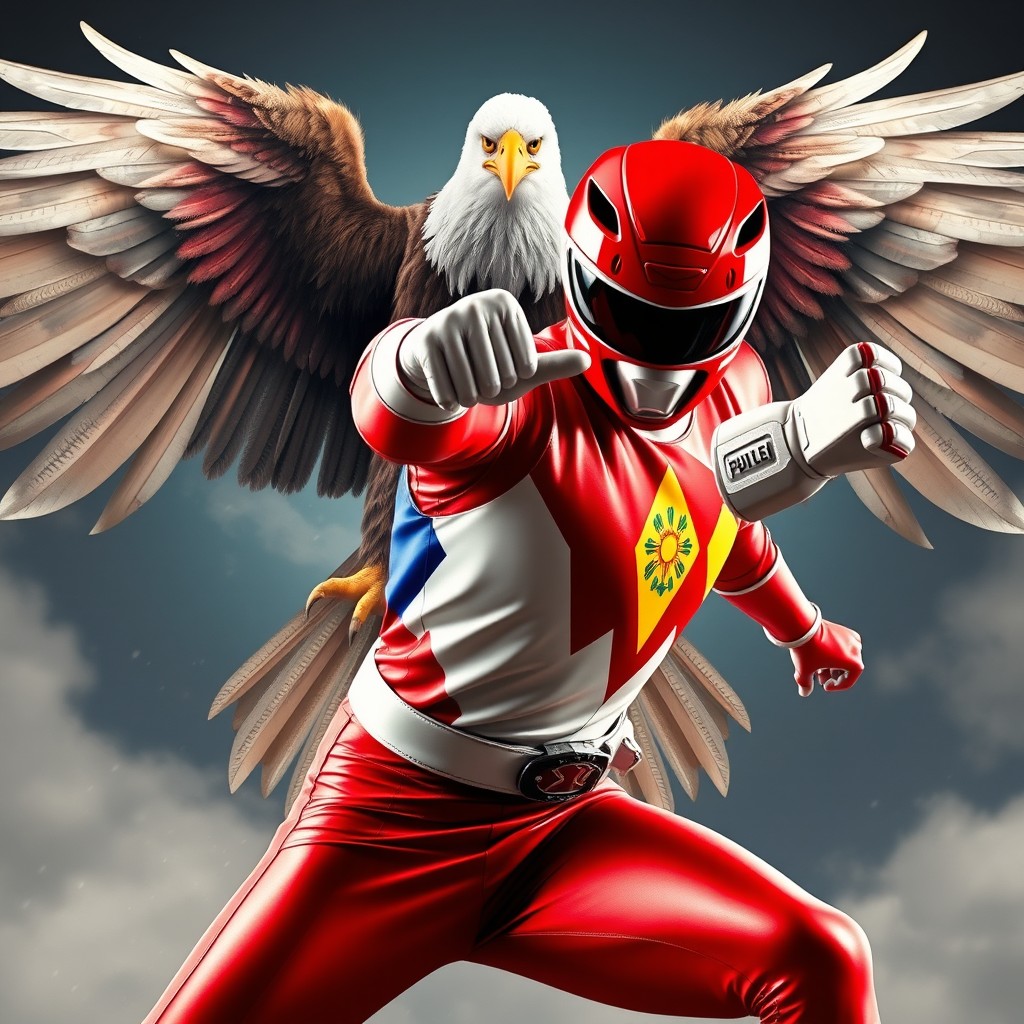 Dynamic Red Ranger Action with Philippine Flag | Idyllic AI Art