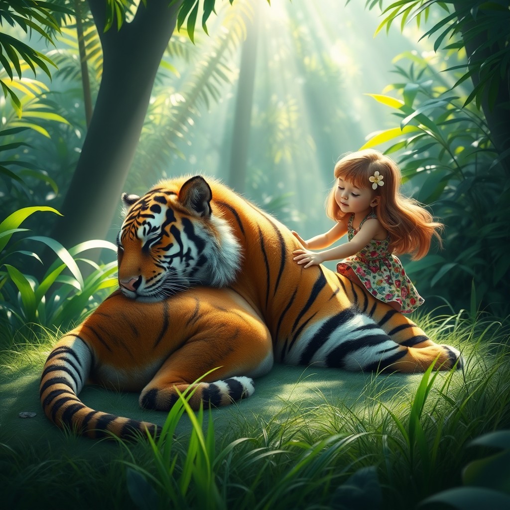 Enchanting Friendship: A Girl and a Tiger in a Lush Jungle