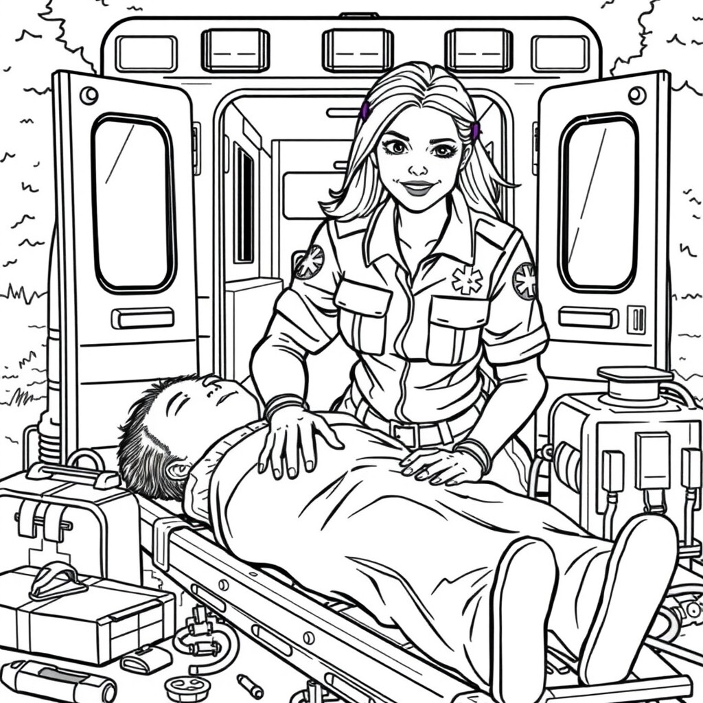 Black and White EMT Coloring Page - Emergency Medical Action