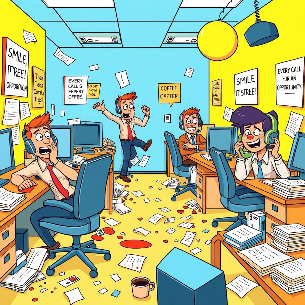 Humorous Illustration of a Chaotic Call Center - Idyllic AI