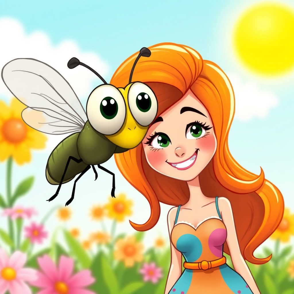Whimsical Love: Cartoon Fly and the Orange-Haired Beauty