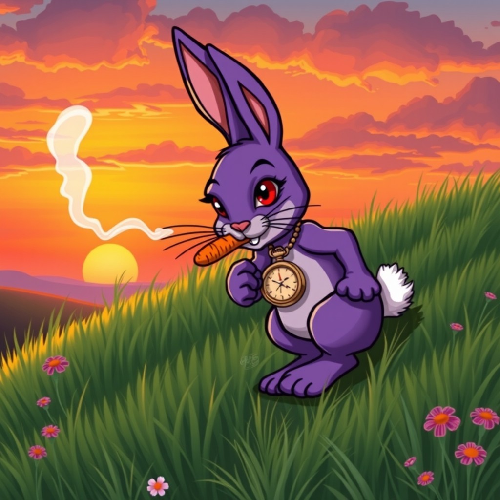 Whimsical Purple Rabbit Descending a Grassy Hill at Sunset