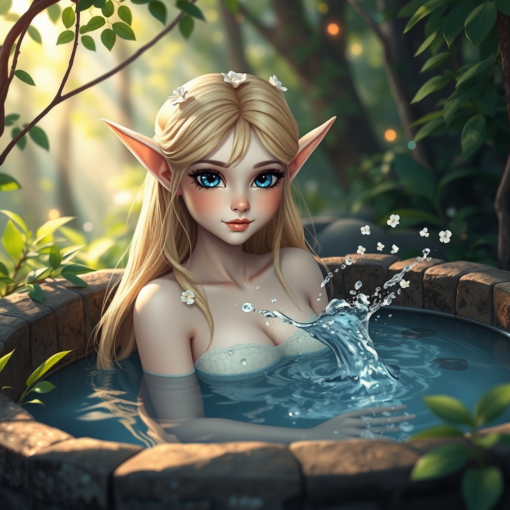 Enchanting Elf Bathing in a Magical Forest | Idyllic AI Art