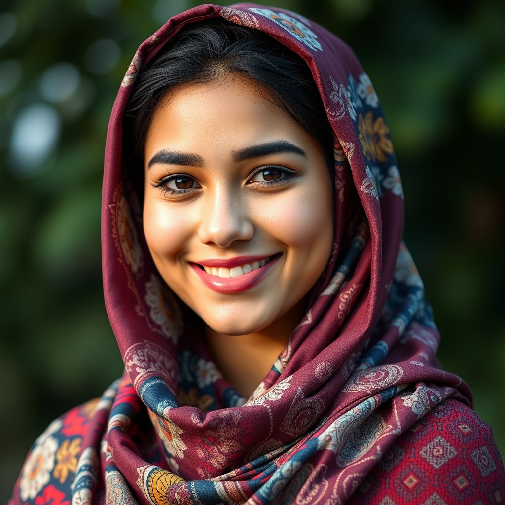 Captivating Portrait of Grace: A Young Woman in a Beautifully Patterned Hijab