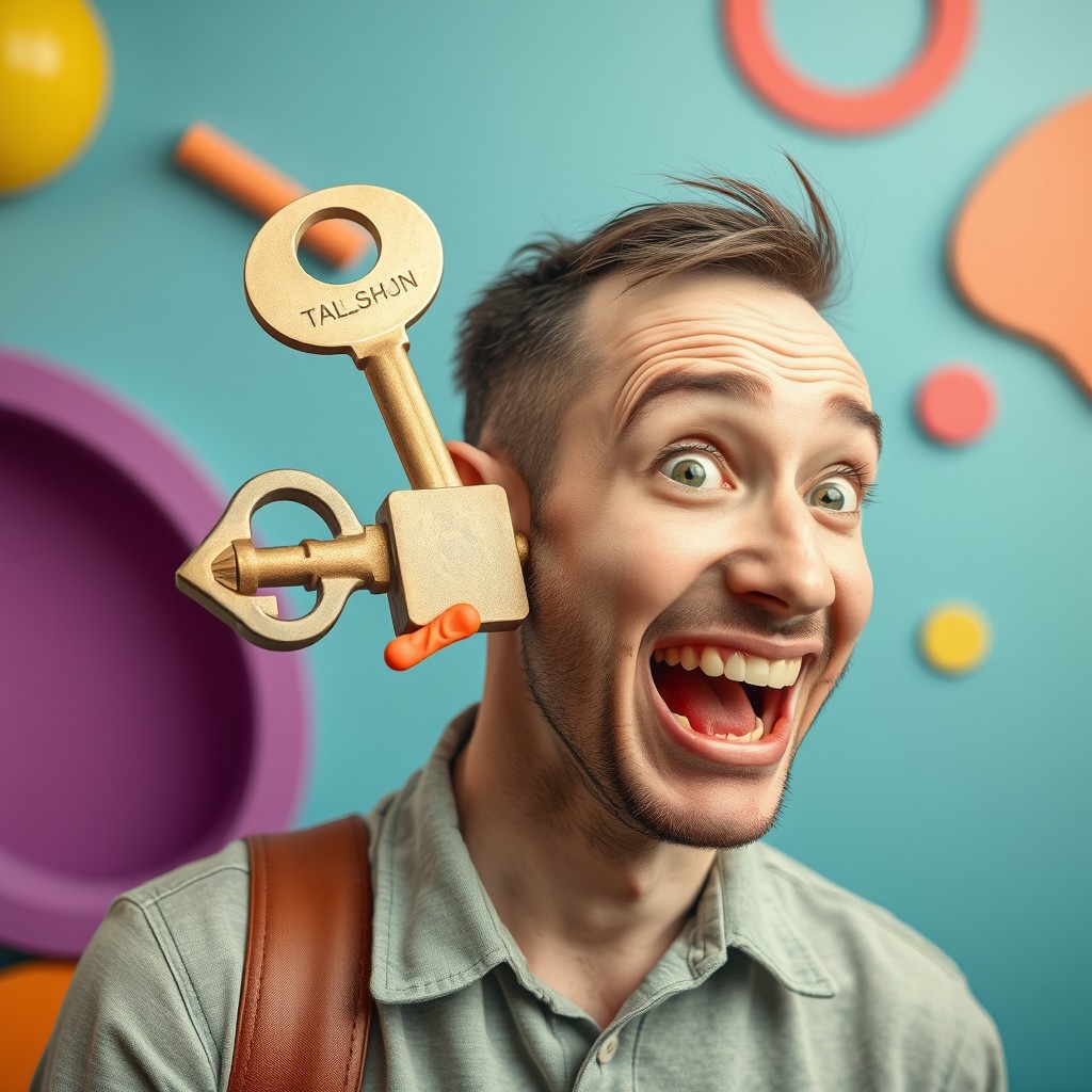 Whimsical Comedy: Man Inserts Oversized Key into Ear – A Surreal Scene
