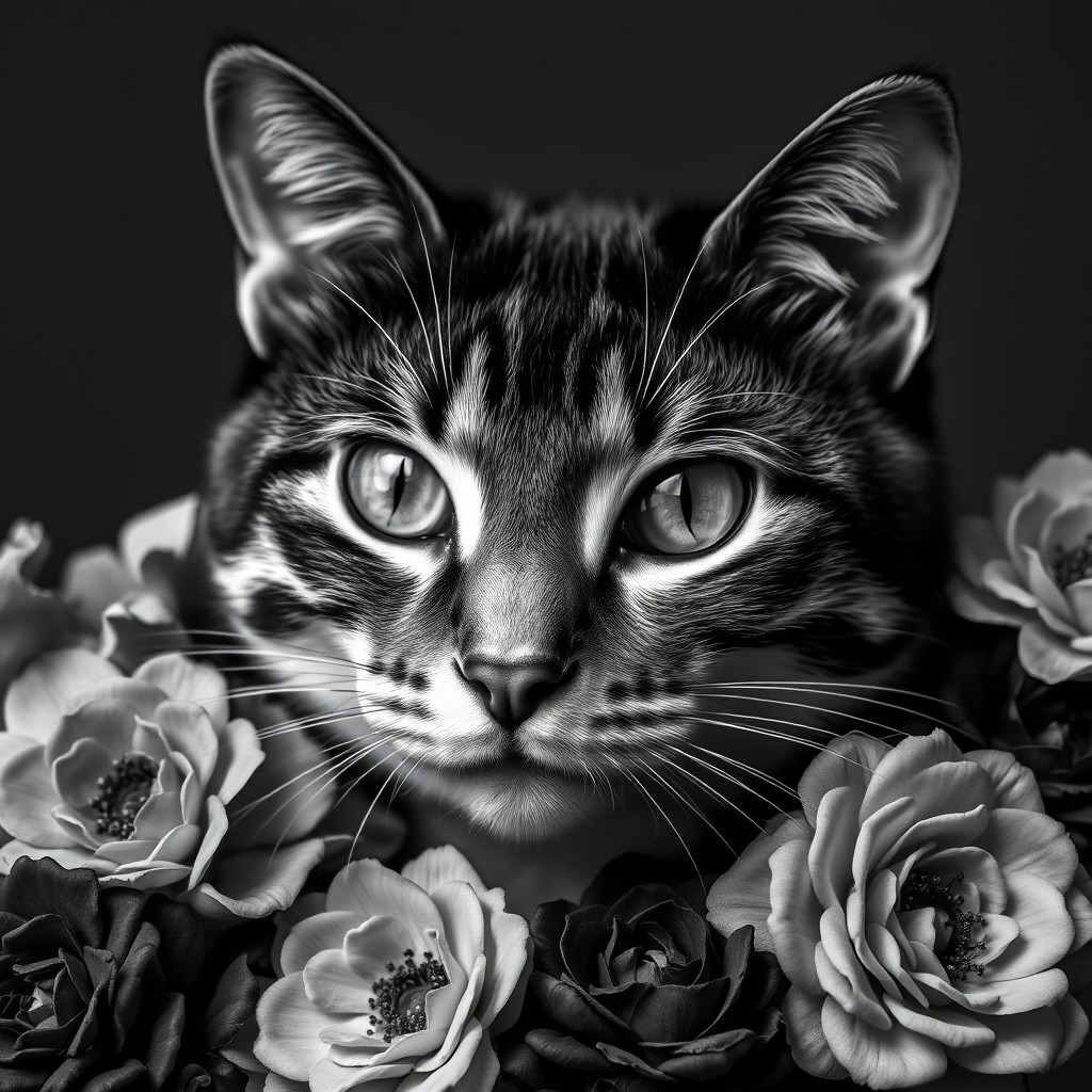 Monochromatic Cat Portrait with Floral Accents | Idyllic Ideas