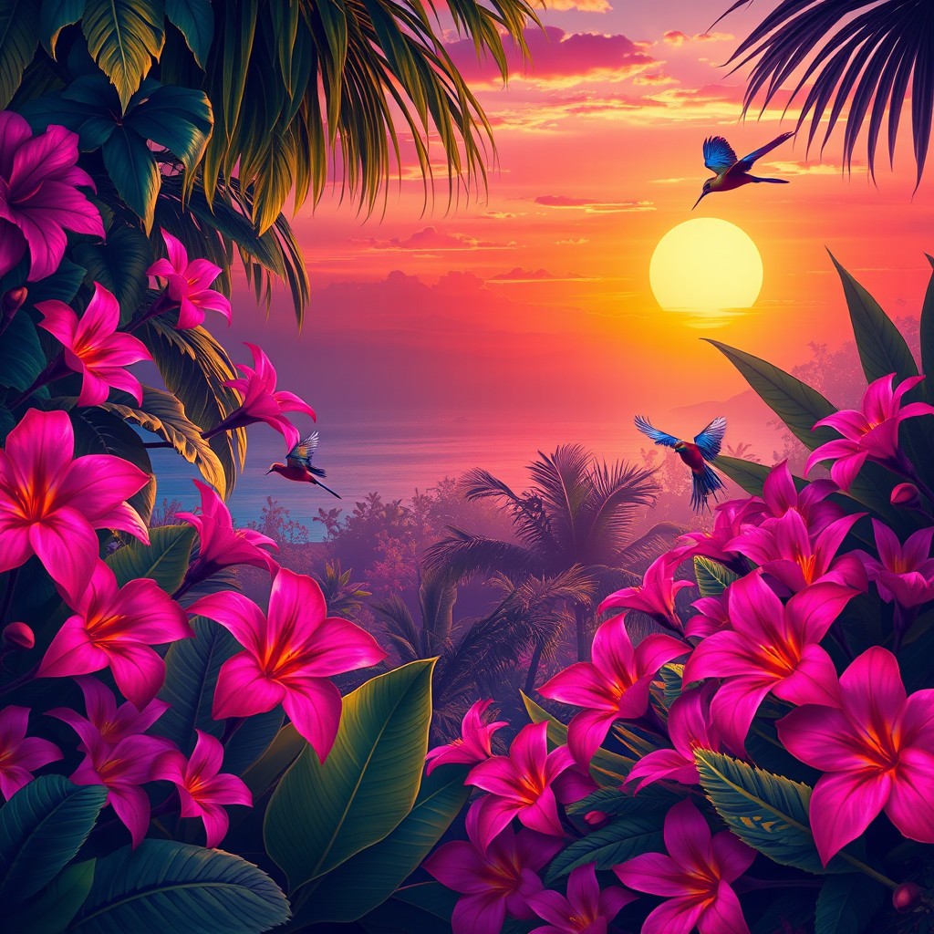 Enchanting Tropical Scene: Lush Fuchsia Flora & Exotic Birds at Sunset