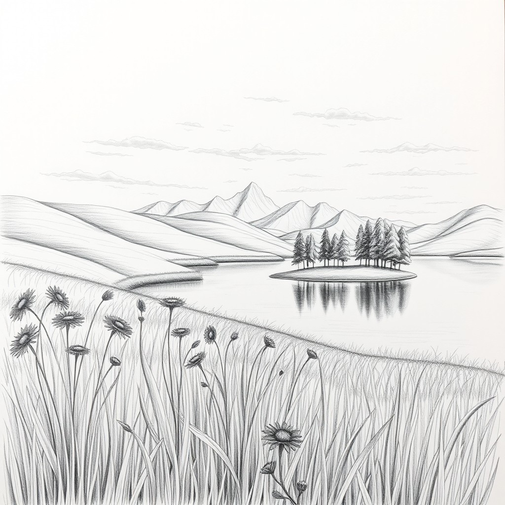 Serene Landscape Pencil Drawing: Nature's Tranquility Captured