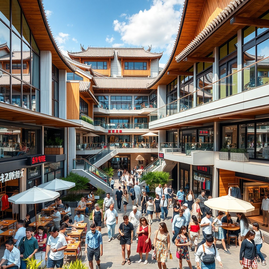 Vibrant Commercial Street with Modern Chinese Architecture