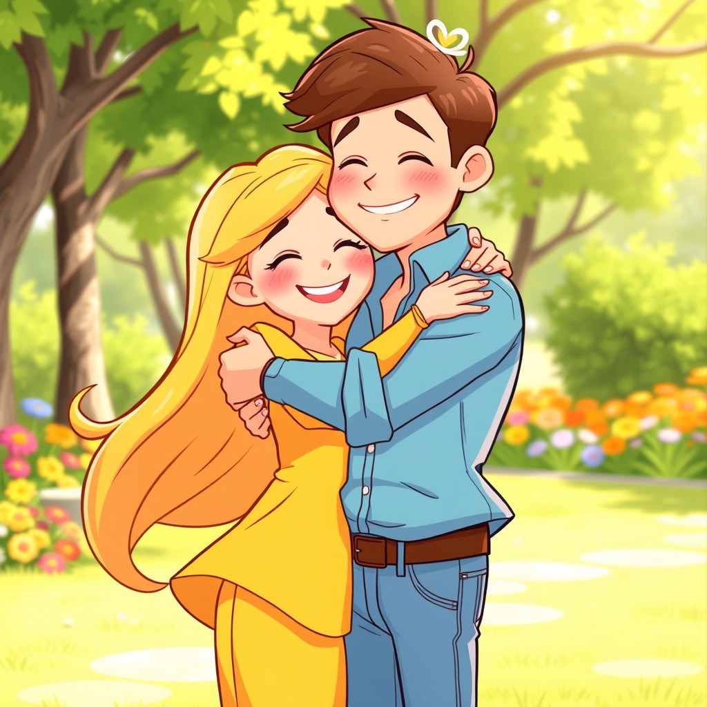 Heartwarming Cartoon of Friendship in a Sunny Park