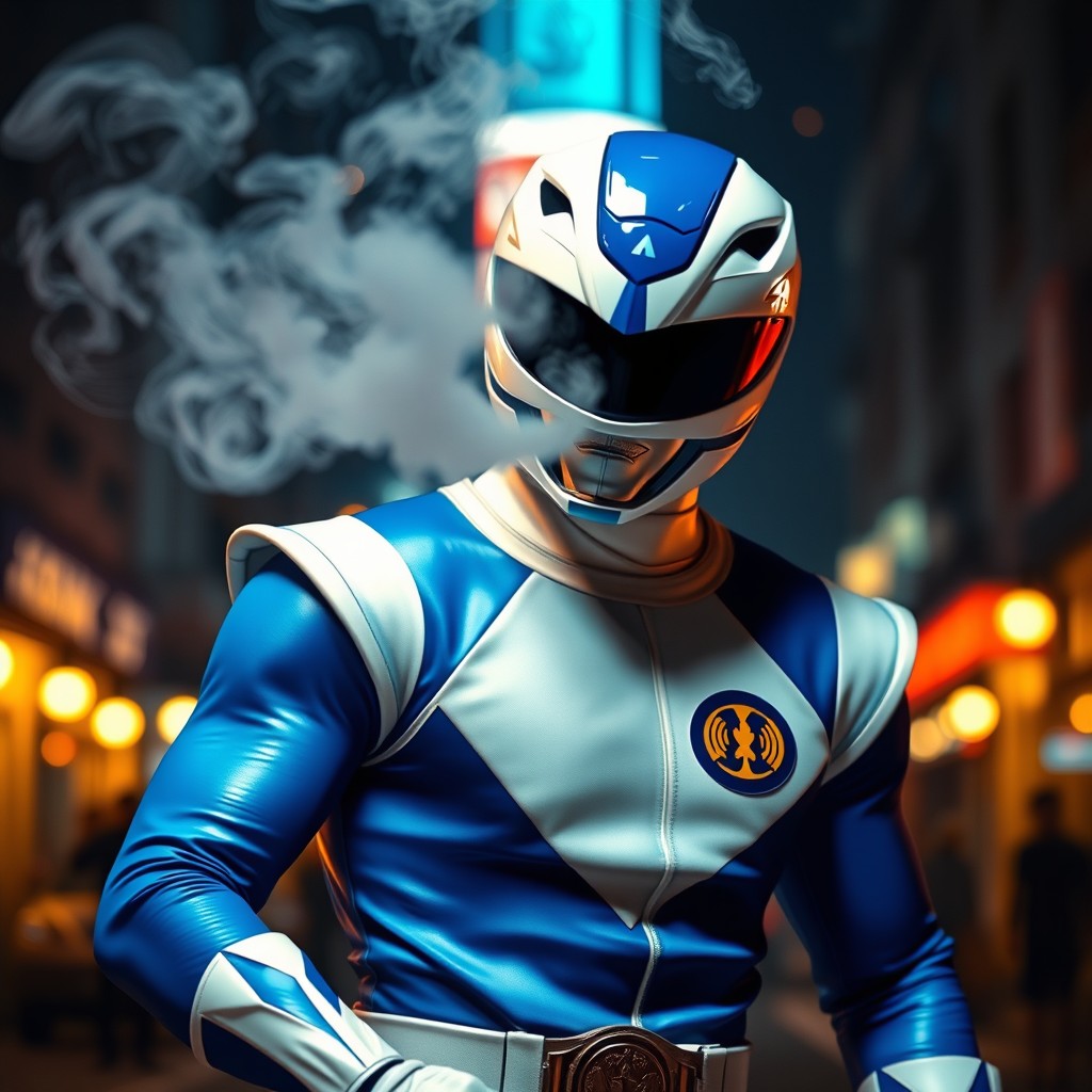 Dynamic Blue Power Ranger Art in Urban Nightscape | Idyllic