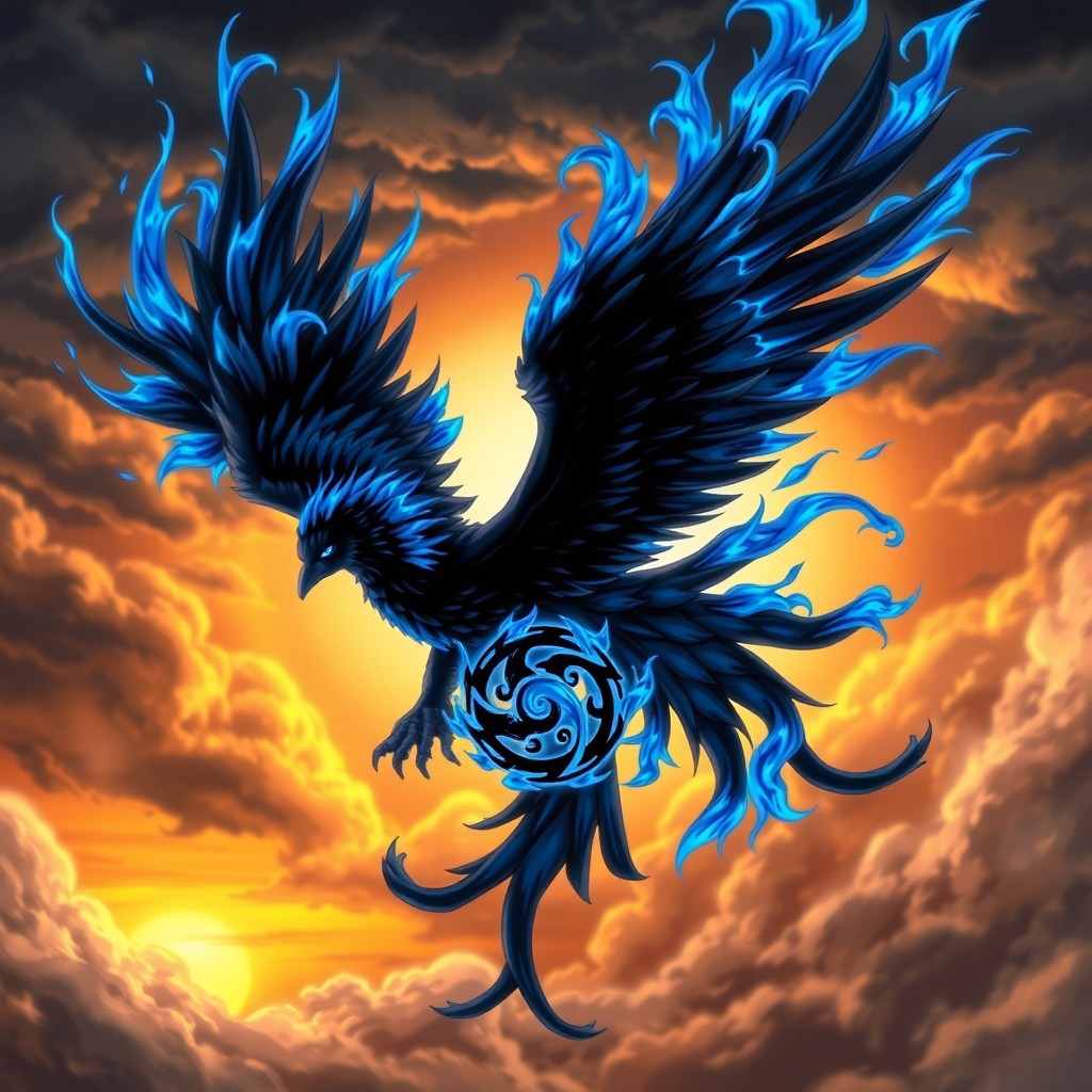 Majestic Black and Blue Fire Phoenix: Uchiha Clan Symbol in Flames