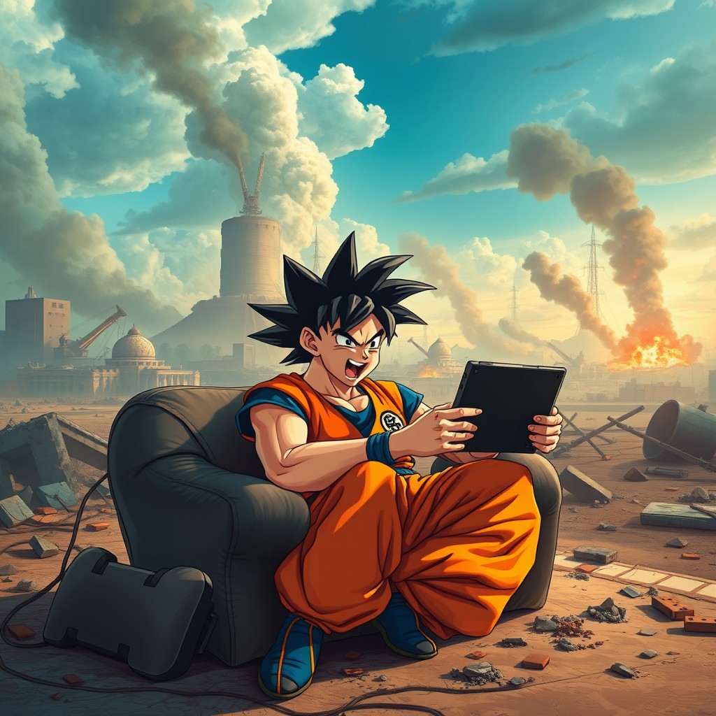 Goku Gaming in a War-Torn World: A Vibrant AI Art Scene
