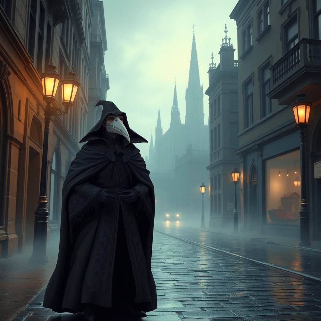 Mystical 1980s Anime Scene: Victorian England Plague Doctor