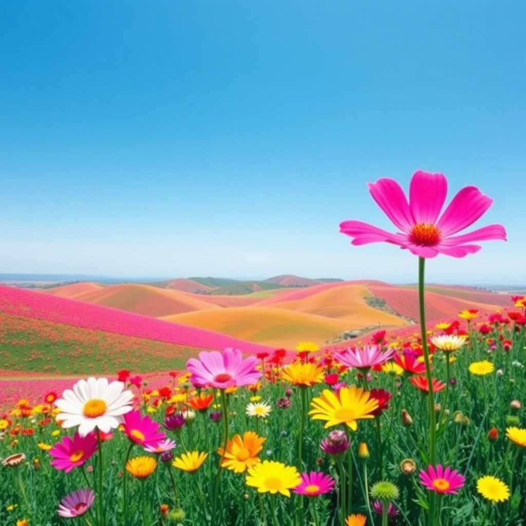 Vibrant Color Pop Landscape with Oversized Neon Flowers