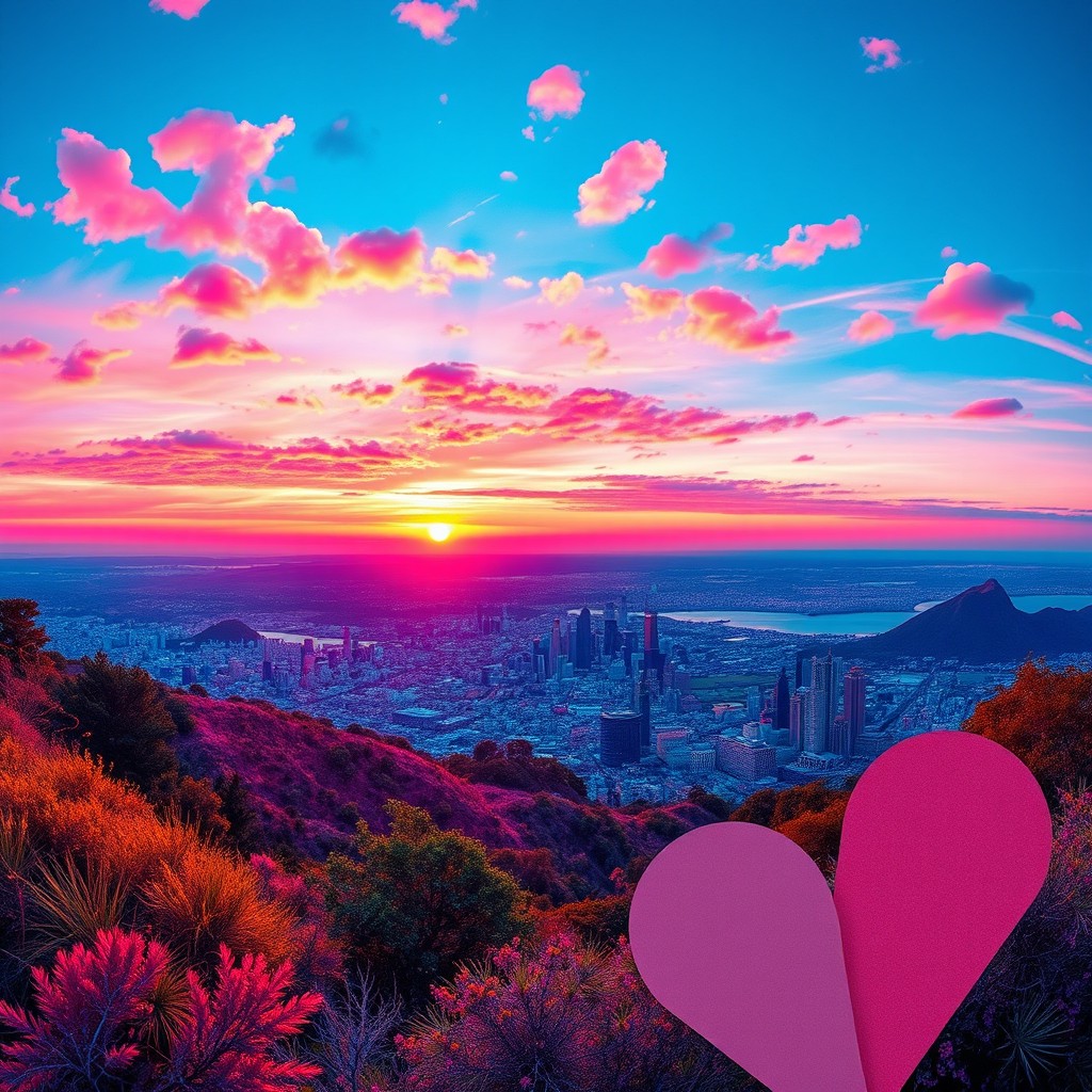 Vibrant Sunset Over City Skyline - Bold Color Pop Panorama