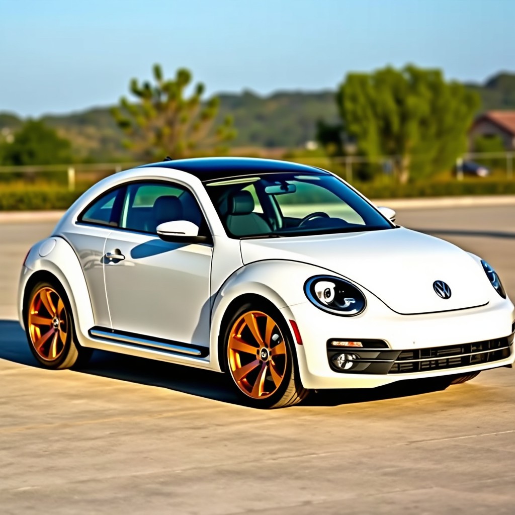 Sleek White Pearl Beetle Car with Elegant Bronze Wheels