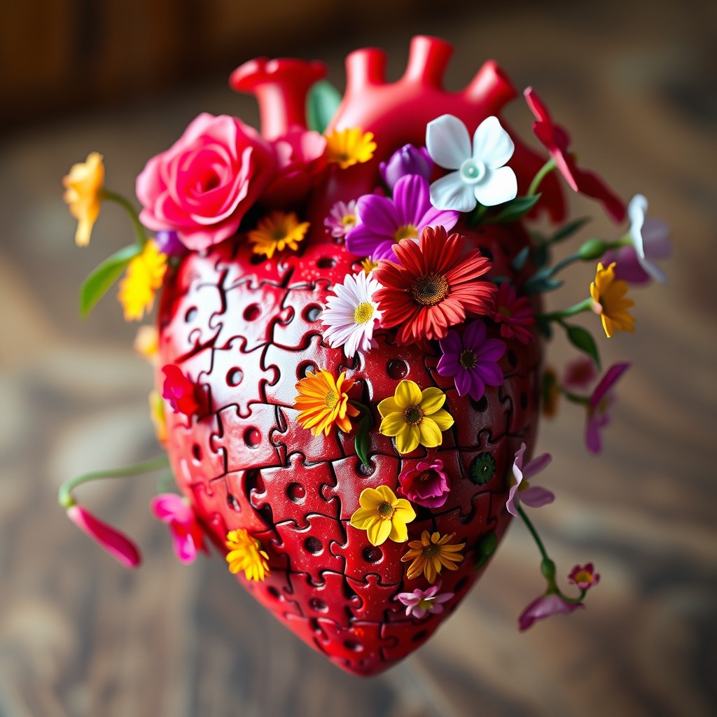 Vibrant Hearts: A Colorful Puzzle of Flowers and Emotion