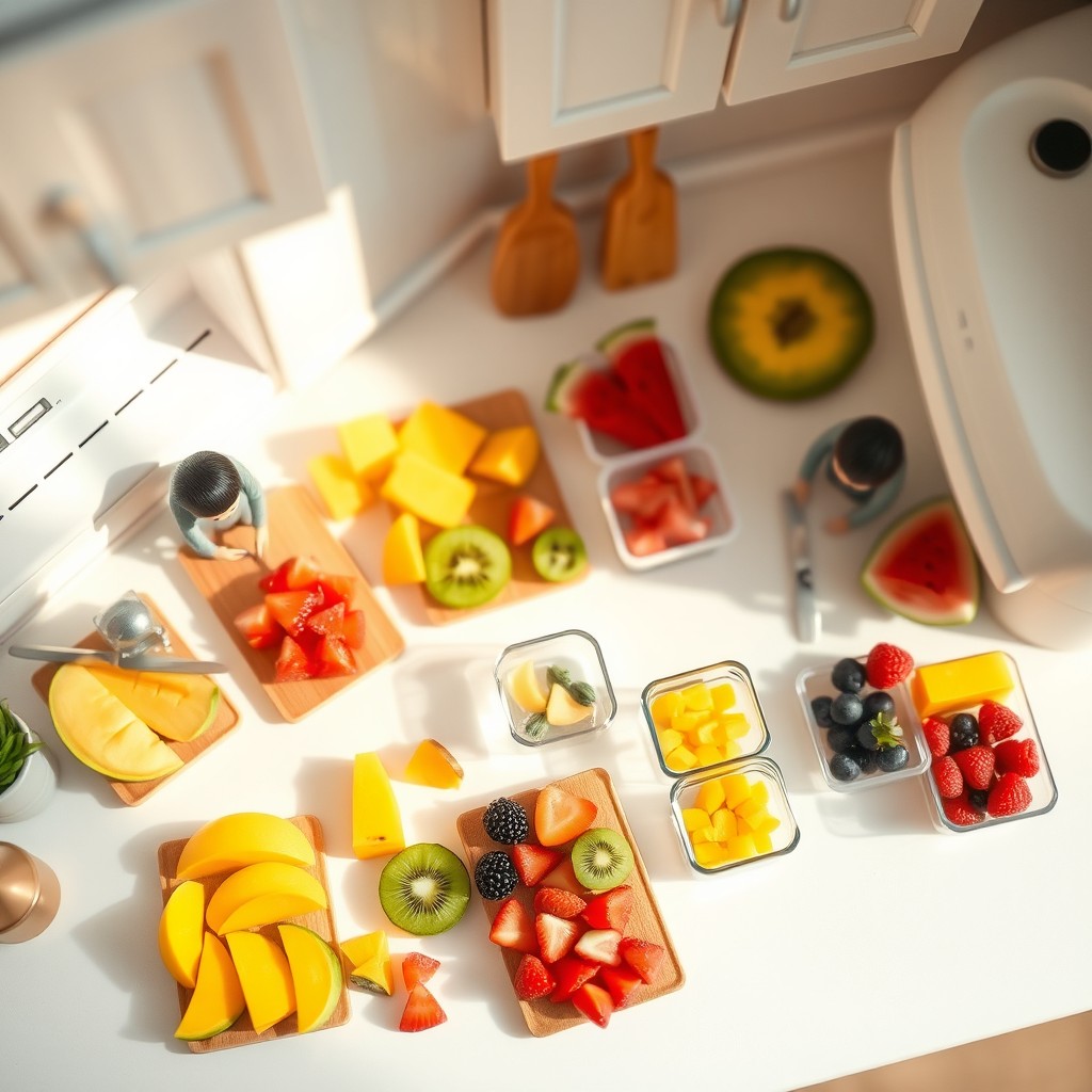 Charming Cozy Kitchen Scene with Tiny Figures Preparing Fresh Fruit