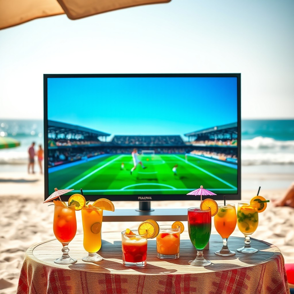 Vibrant Beach Scene: Enjoy Soccer and Cocktails Under the Sun