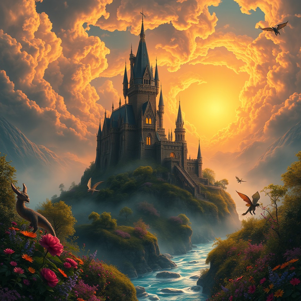 Enchanting Fantasy Landscape with Towering Castle and Magical Creatures