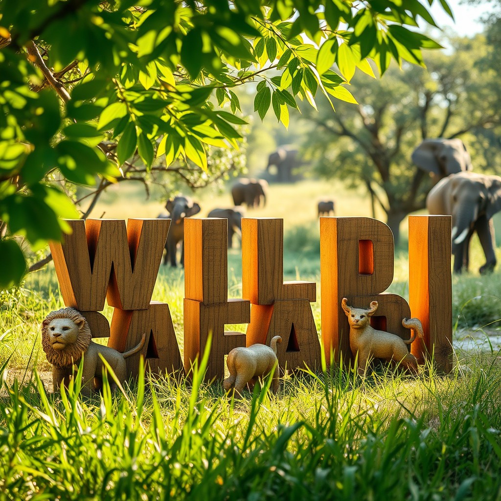 Explore the Wild: A Serene Safari Scene with Intricately Carved Letters