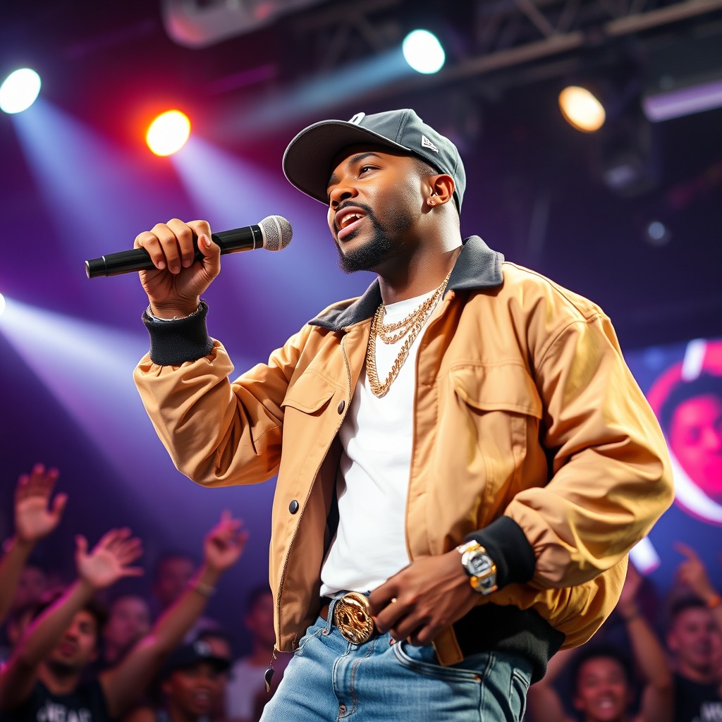 Dynamic Portrait of a Confident African American Male Rapper on Stage