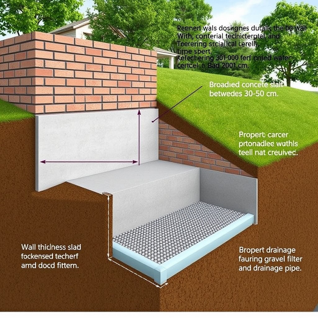 Technical Illustration of Retaining Wall Connection - Concrete & Masonry