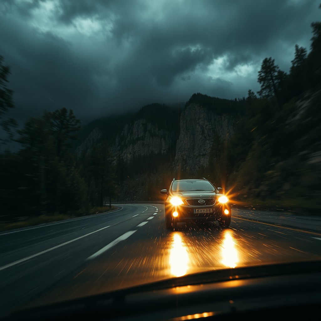 Thrilling Night Drive: Car Racing Up a Mountain in the Rain