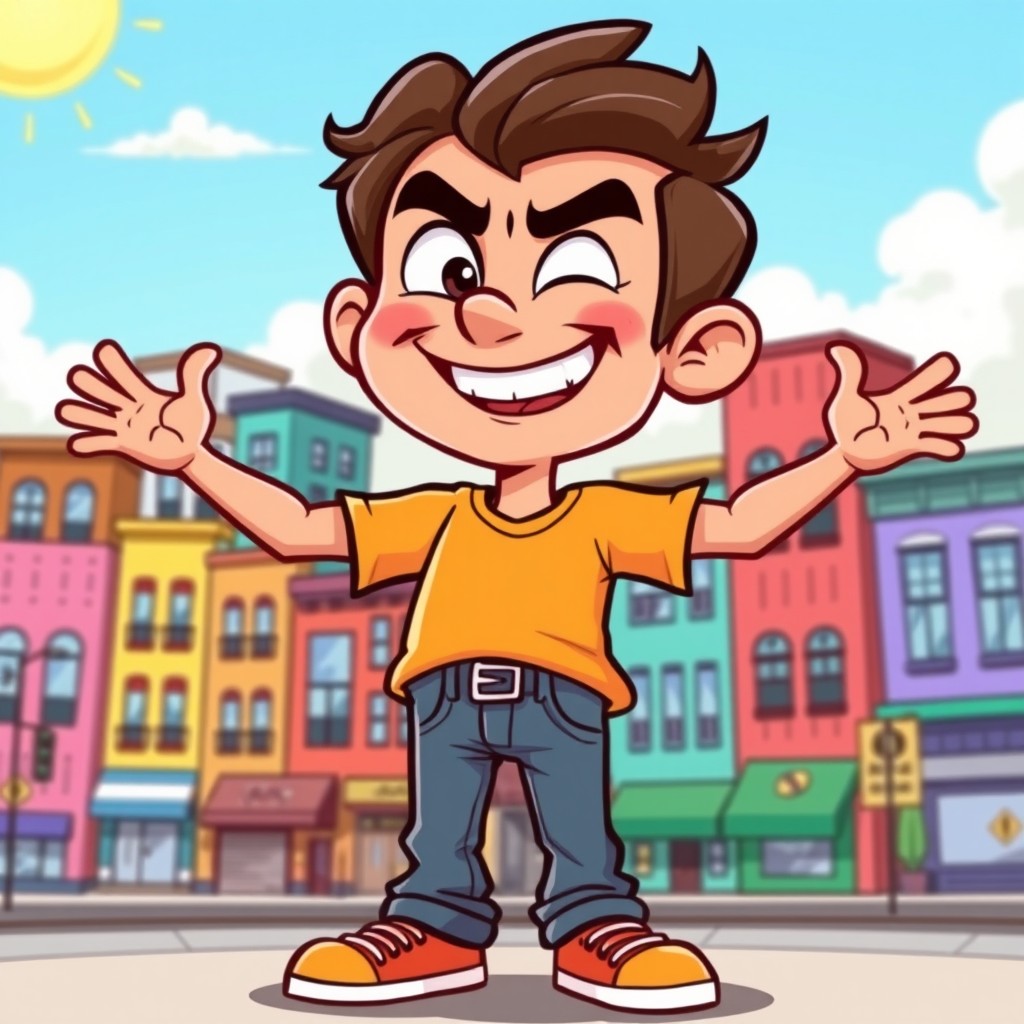 Cheeky Cartoon Character in Vibrant Cityscape | Idyllic Ideas
